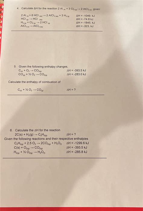 Solved Hesss Law Worksheetcalculate Δh ﻿for The Reaction