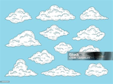 손으로 흰 구름을 그렸다 고립 된 낙서 구름 빈티지 조각 하늘 요소 날씨 천국 컬렉션 예술 장식 대화 거품 네오 테릭 벡터 세트 개념에 대한 스톡 벡터 아트 및 기타 이미지