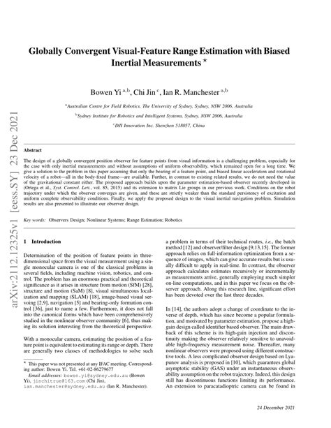 Pdf Globally Convergent Visual Feature Range Estimation With Biased Inertial Measurements