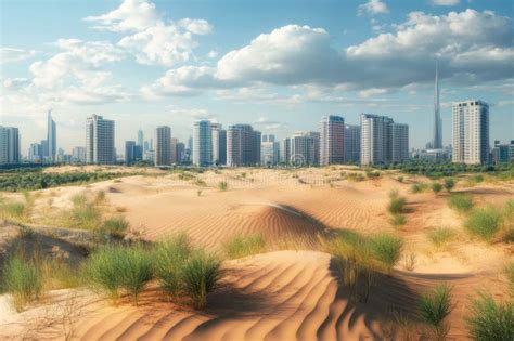 Desert Landscape Showcasing City Skyline In Dubai With Sand Dunes And Greenery Stock Image