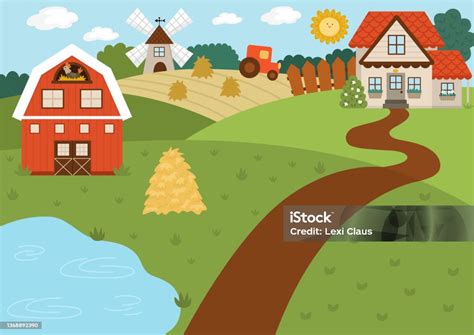벡터 팜 가로 수그림입니다 헛간 시골 집 트랙터와 농촌 마을 장면 연못 초원 정원 귀여운 봄 또는 여름 자연 배경 아이들을위한 상세한 국가 필드 사진 농장에 대한 스톡 벡터