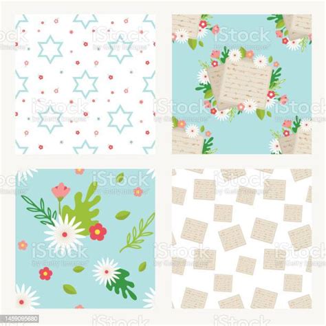 유월절 완벽 한 패턴 세트입니다 유대인 휴일 템플릿 초대장 및 Matzah 데이비드 스타 및 봄 꽃에 대한 Pesach 패턴 벡터 일러스트 레이 션 0명에 대한 스톡 벡터