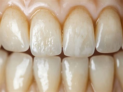 Close Up Of Teeth With Discoloration And Stains Near Gums Stock