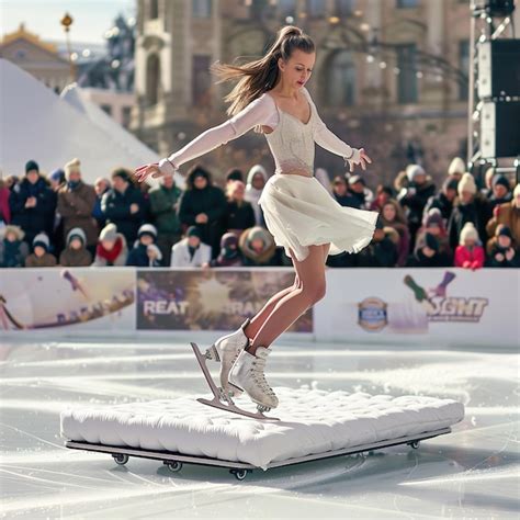 A Woman Is Jumping On A Platform With A Sign That Says Sport Premium