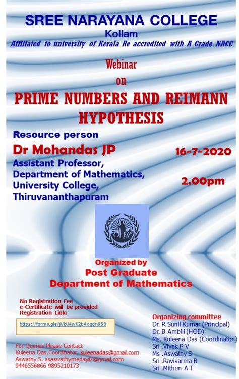 Webinar On“prime Numbers And Riemann Hypothesis” Sree Narayana College
