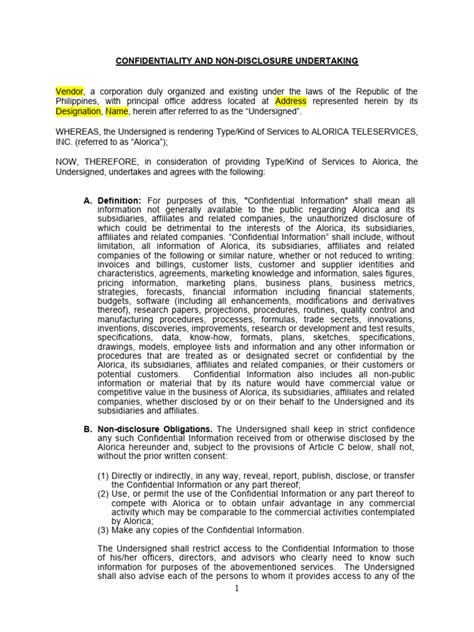 Ph Alorica Entity Vendor Nda Ati Template Pdf Non Disclosure
