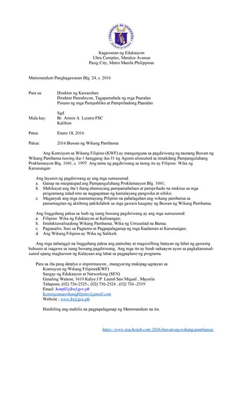 Memorandum Example Kagawaran Ng Edukasyon Ultra Complex Meralco Avenue Pasig City Metro