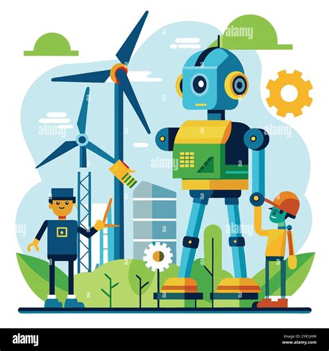 A Friendly Robot Stands Tall Among Wind Turbines Symbolizing The