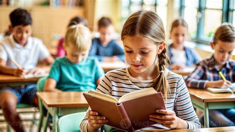Girl Reading A Book In The Classroom With Her Classmates In The