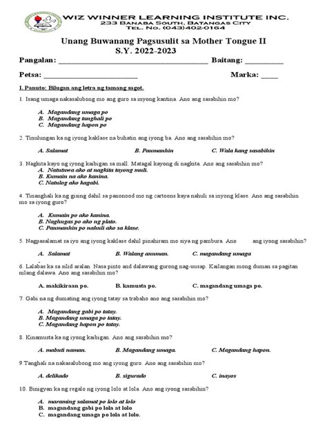 Mtb 2 Monthly Exam Pdf