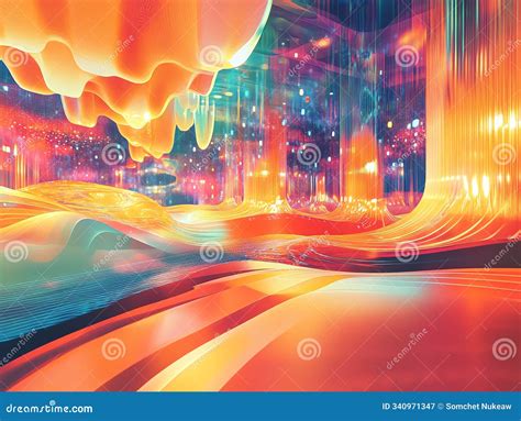 A Colorful Abstract Scene Where 2d Patterns Interact With Glowing