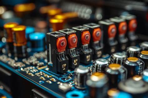 Macro Close Up Of Electronic Circuit Board Showing Components Switches Capacitors And
