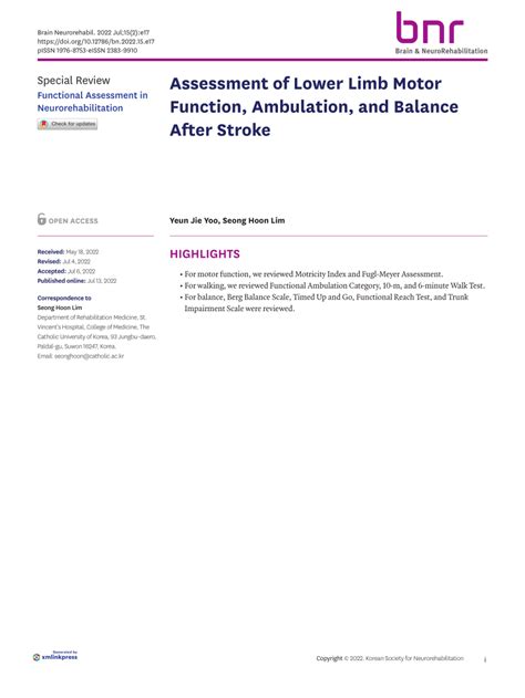 Pdf Assessment Of Lower Limb Motor Function Ambulation And Balance After Stroke