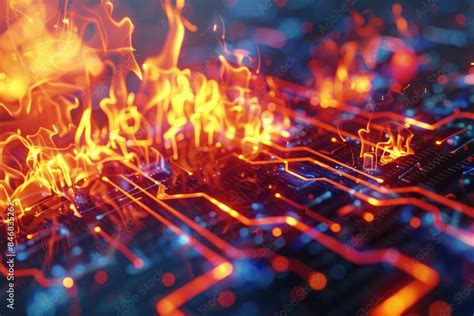 Visualize A 3d Firewall With Animated Flames Protecting A Network Close Up Theme Cyber Defense