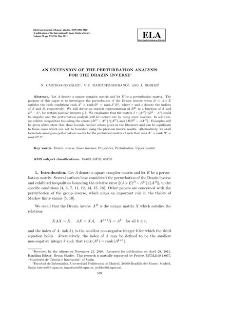 Pdf An Extension Of The Perturbation Analysis For The Drazin Inverse