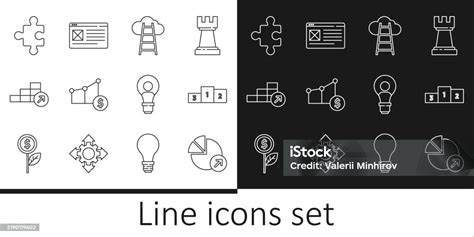 세트 라인 금융 성장 비즈니스 연단 마침 깃발이 있는 계단 파이 차트와 달러 퍼즐 조각 헤드 램프 전구 및 브라우저 창 아이콘 벡터 개념에 대한 스톡 벡터 아트 및 기타