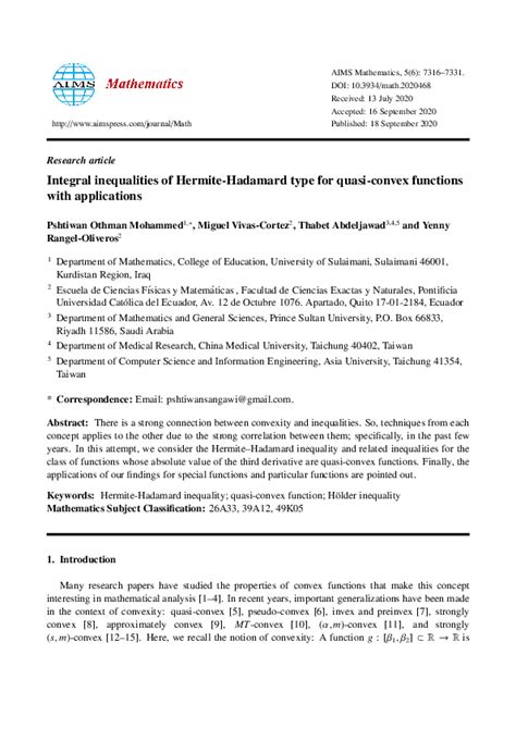 Pdf Integral Inequalities Of Hermite Hadamard Type For Quasi Convex Functions With Applications