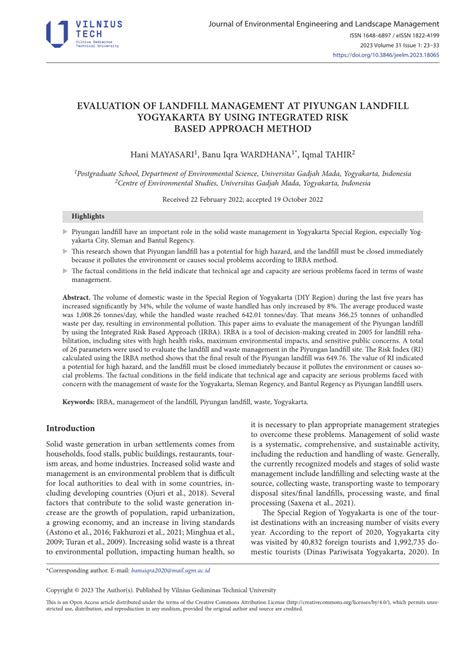 Pdf Evaluation Of Landfill Management At Piyungan Landfill Yogyakarta By Using Integrated Risk