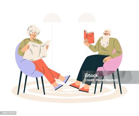 요양원 와 은퇴한 남자와 여자 성격 읽다 책 와 신문 와 신문 벡터 일러스트 가계에 대한 스톡 벡터 아트 및 기타 이미지 Istock