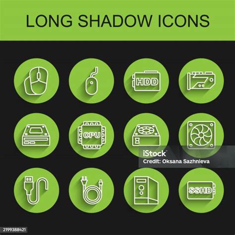 세트 라인 Usb 케이블 코드 전기 플러그 컴퓨터 마우스 컴퓨터 케이스 Sshd 카드 Cpu가 있는 프로세서 쿨러 및 아이콘 벡터 Cpu에 대한 스톡 벡터 아트 및 기타