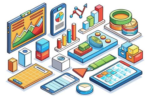 Isometric Icons Representing Data Analysis Financial Charts Graphs