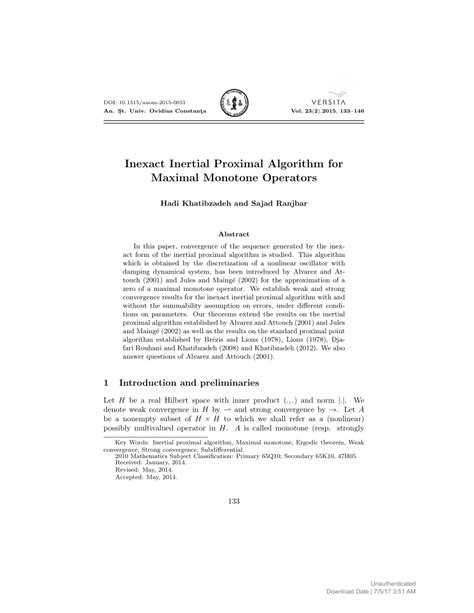 Pdf Inexact Inertial Proximal Algorithm For Maximal Monotone Operators