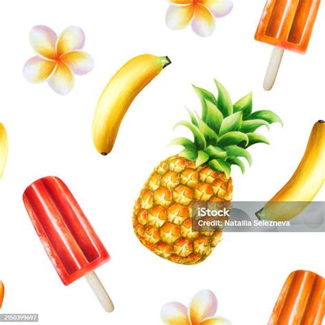 과일 아이스크림 파인애플 바나나 Frangipani 완벽 한 패턴 수채화 열대 일러스트 아이스 캔디 에 막대기 절연 와 배경 절연 와 아름 다운 손으로 그린 상쾌한 디저트