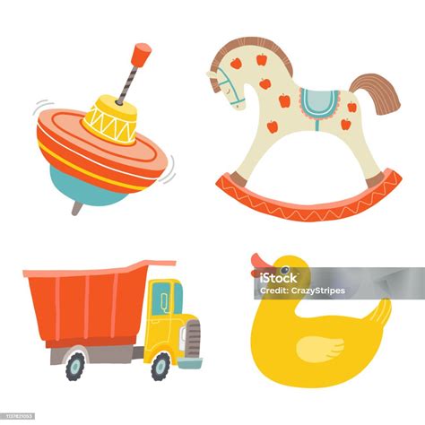 아이 들 첫 번째 장난감 아이콘 세트입니다 베이비 샤워 디자인 요소입니다 만화 벡터 손으로 그린 Eps 10 일러스트 레이 션에 고립 된 흰색 배경 팽이에 대한 스톡 벡터