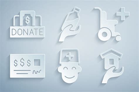 세트 남성 의사 장애인을위한 휠체어 은행 수표 대피소 노숙자 기부 물 및 자선 아이콘 벡터 0명에 대한 스톡 벡터 아트 및 기타 이미지 Istock