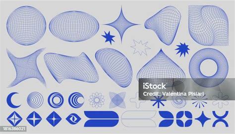 추상적인 브루탈리즘 요소 와이어프레임 3d 기하학적 메쉬 모양 및 그리드 변형의 집합입니다 사이버펑크와 레트로 퓨처리즘 형태 벡터 Y2k 기하학적 그래픽입니다 디자인 요소에