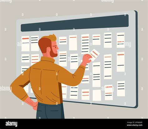 Man Character Near Scrum Or Kanban Board Wall Workplace With Task Stickers Office Work