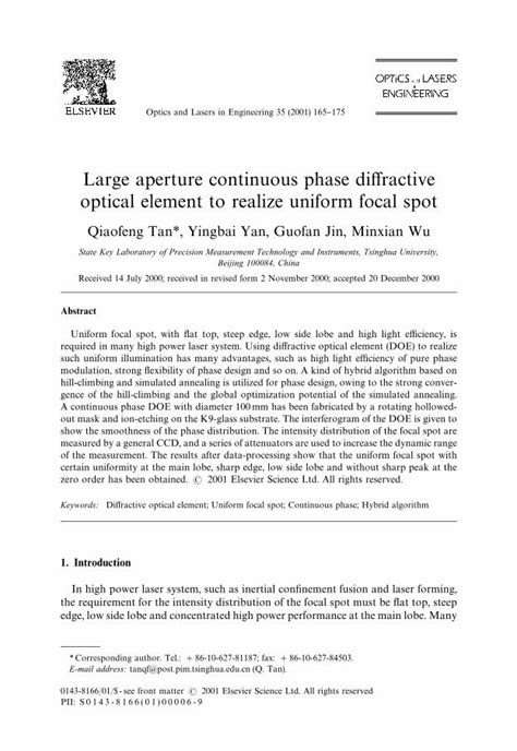 Pdf Large Aperture Continuous Phase Diffractive Optical Element To Realize Uniform Focal Spot