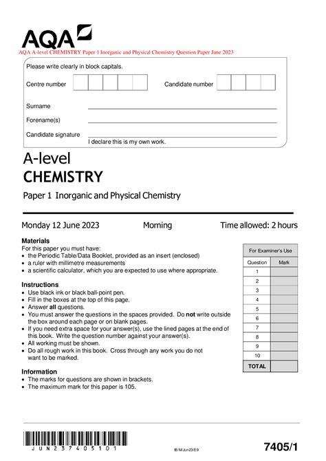 2023 Aqa A Level Chemistry Paper 1 Inorganic And Physical Chemistry Question Paper And Marking