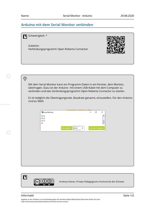 Arbeitsblatt Serial Monitor Arduino Informatik Tutoryde