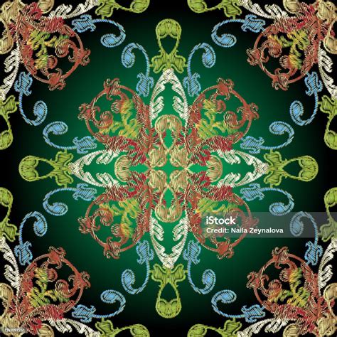 바로크 화려한 벡터 원활한 패턴입니다 화려한 꽃 그런 지 배경입니다 태피 스 트리 벽지 지저분한 꽃 스크롤 가지 나뭇잎 바로크 장식을 바느질 자 수 텍스처 0명에 대한 스톡