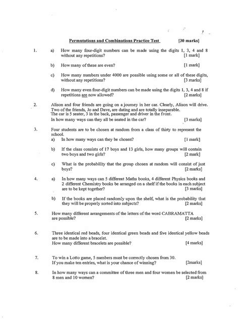 Permutations And Combinations Practice Test Pdf Mathematics