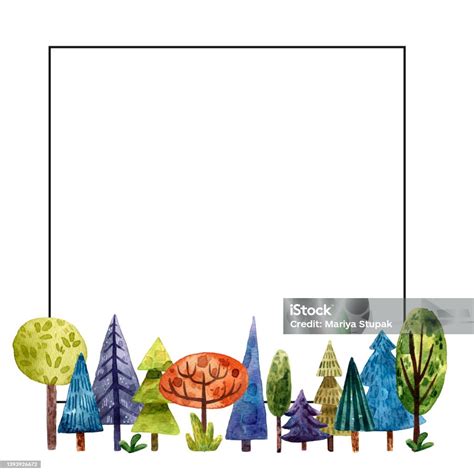 수채화 숲 프레임 그림 색깔있는 나무 귀여운 전나무와 가문비 나무 동화 속 여름 숲 Ppicture의 간단한 스타일 손으로 그린 만화 스타일 초대 카드 나무 컬렉션 풍경화