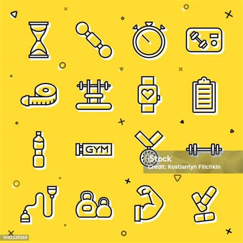 세트 라인 비타민 알약 바벨 스포츠 훈련 프로그램 스톱워치 바벨이 있는 벤치 줄자 오래된 모래시계 및 스마트 아이콘 벡터 3위에 대한 스톡 벡터 아트 및 기타 이미지