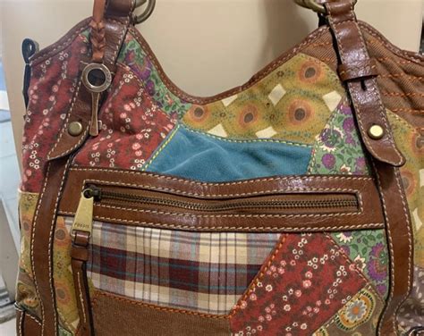 Fossil Patchwork Design With Brown Lester Trim 70s Style Shoulder Bag