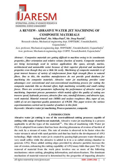 Pdf A Review Abrasive Water Jet Machining Of Composite Materials