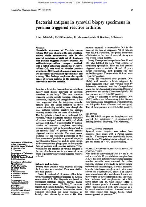 Pdf Bacterial Antigens In Synovial Biopsy Specimens In Yersinia