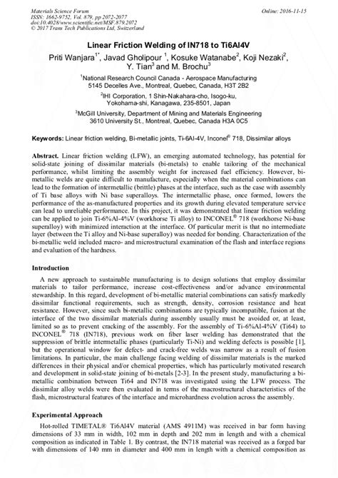 Linear Friction Welding Of In718 To Ti6al4v Scientific Net