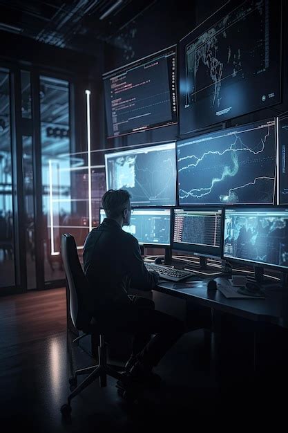 premium photo ai generated illustration trader doing analysis and trading behind multiple screens