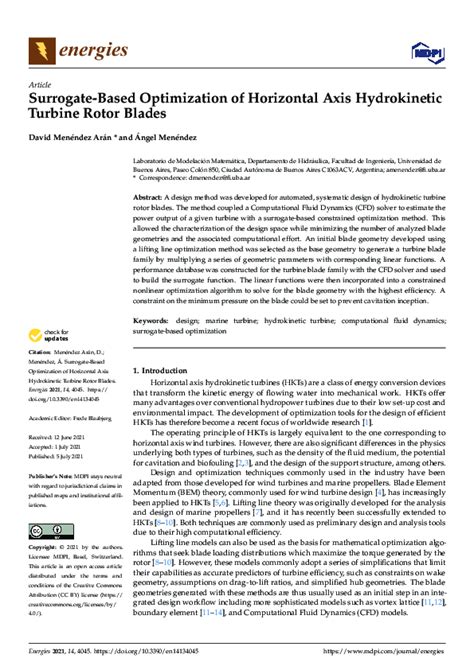 Pdf Surrogate Based Optimization Of Horizontal Axis Hydrokinetic Turbine Rotor Blades