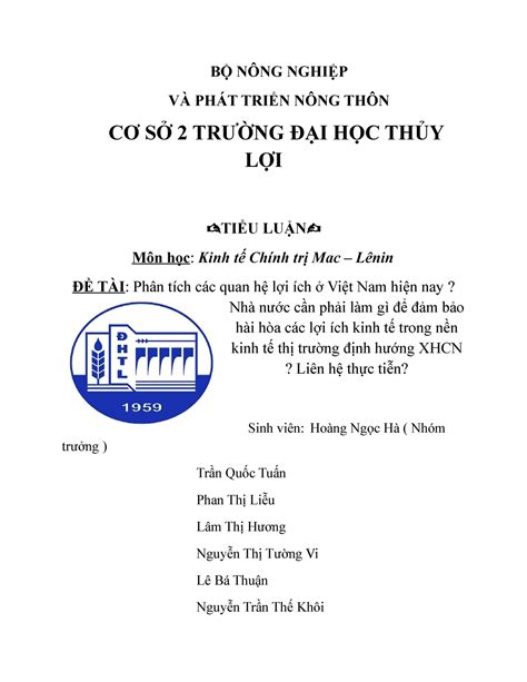 Nhóm 4 Ktct Mac Lênin 2022 BỘ NÔng NghiỆp VÀ PhÁt TriỂn NÔng ThÔn CƠ SỞ 2 TrƯỜng ĐẠi HỌc