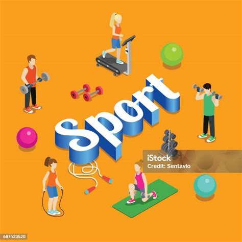 스포츠 체육관 현대적인 라이프 스타일 플랫 3d 웹 아이소메트릭 Infographic 벡터 젊은 즐거운 마이크로 남성 여성 군중 그룹 스포츠 운동 운동 요가 운동에 거 대