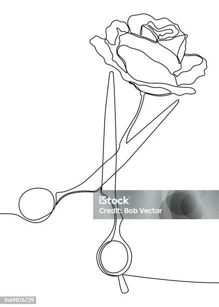 장미 꽃과 가위의 연속 라인 얇은 선 그림 벡터 개념입니다 윤곽 그리기 창의적인 아이디어 가위에 대한 스톡 벡터 아트 및 기타 이미지 Istock