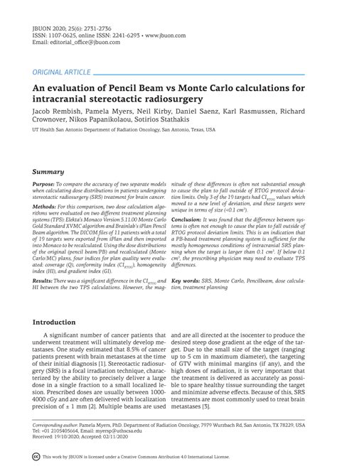 Pdf An Evaluation Of Pencil Beam Vs Monte Carlo Calculations For