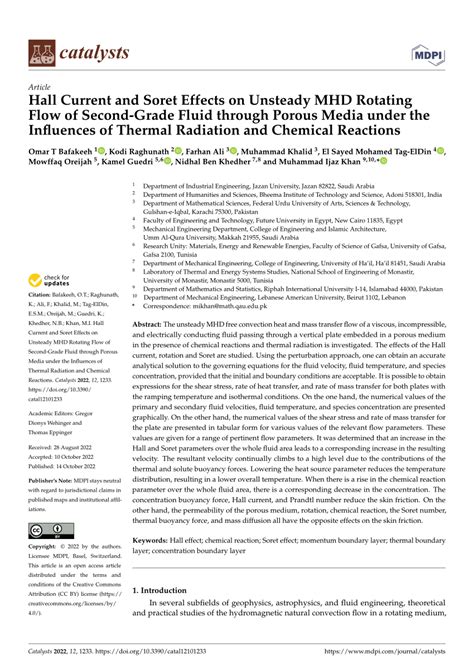Pdf Hall Current And Soret Effects On Unsteady Mhd Rotating Flow Of Second Grade Fluid Through