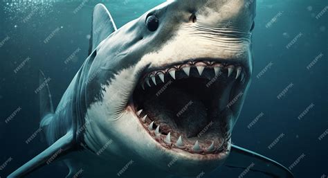 입을 벌리고 크고 날카로운 입을 벌린 상어 프리미엄 사진
